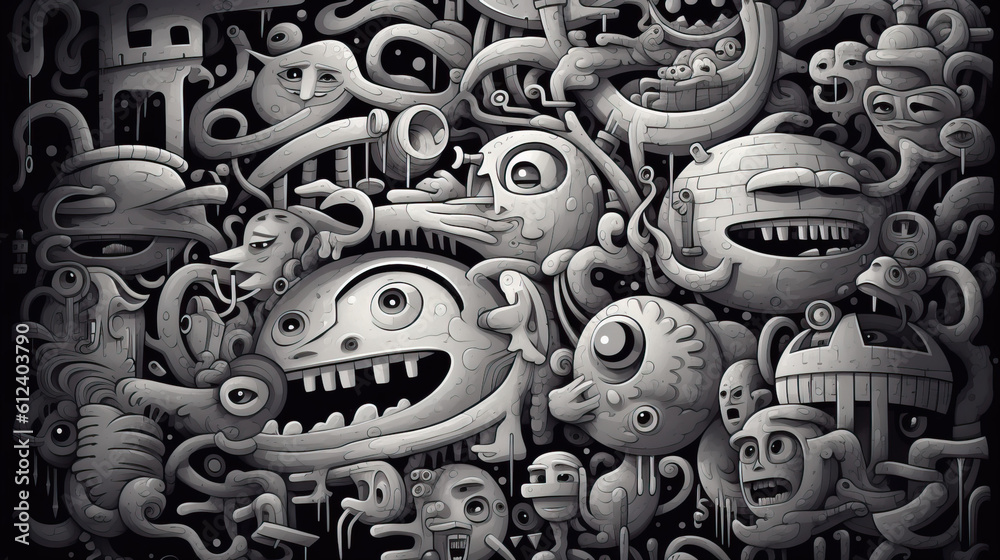 Create a densely packed surreal artwork featuring melting and morphing ...