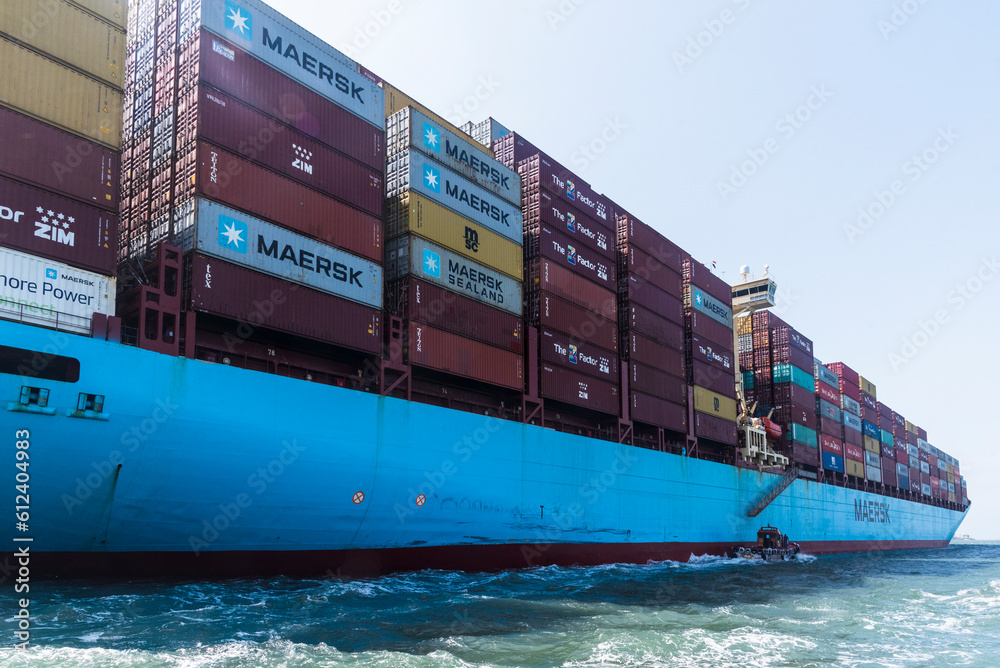At sea, Red Sea - 10 June 2023: side view on the fully loaded cargo ...