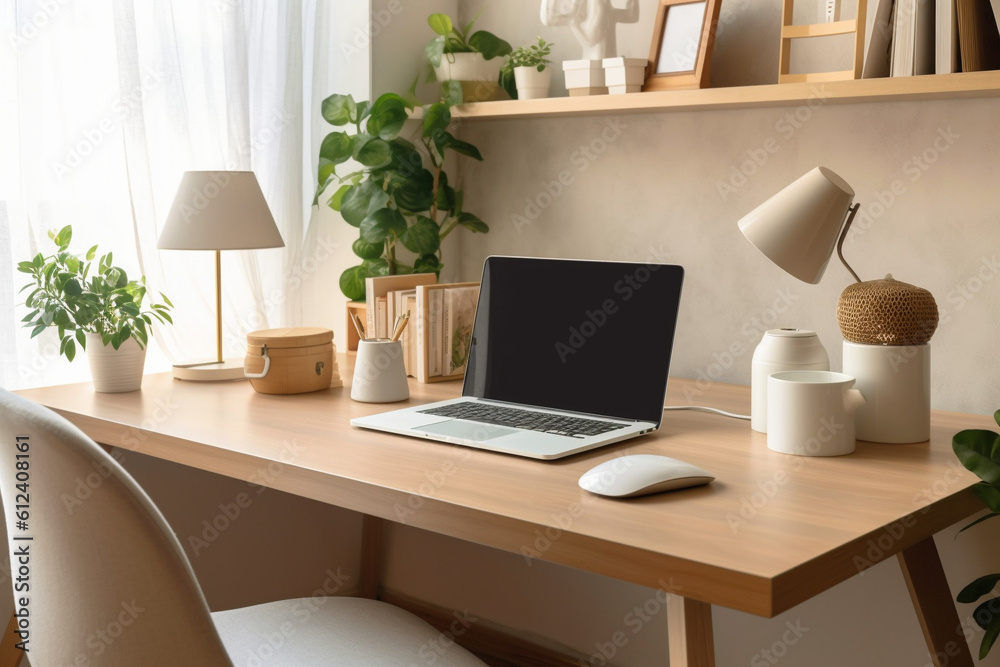 E a modern home office setup with a sleek laptop placed on a clean ...