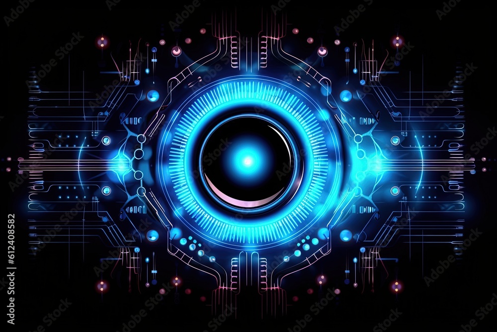 Dark blue background with a neon style illustration of a digital eye ...
