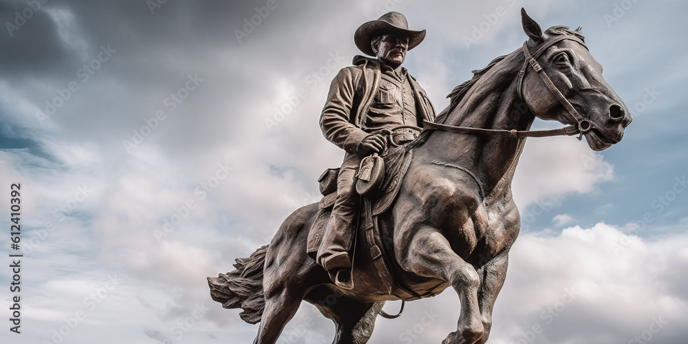 A sculpture of a cowboy stands atop a granite pedestal in the center of ...