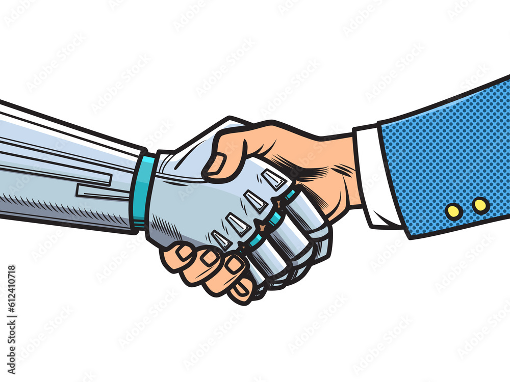 Modern android and human handshake. Artificial intelligence and human ...