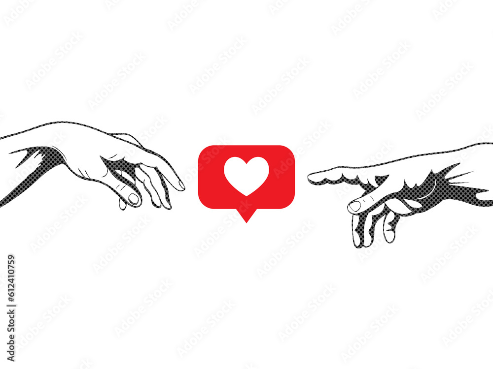 Adam and God hands with a like symbol in a modern collage style. Human ...