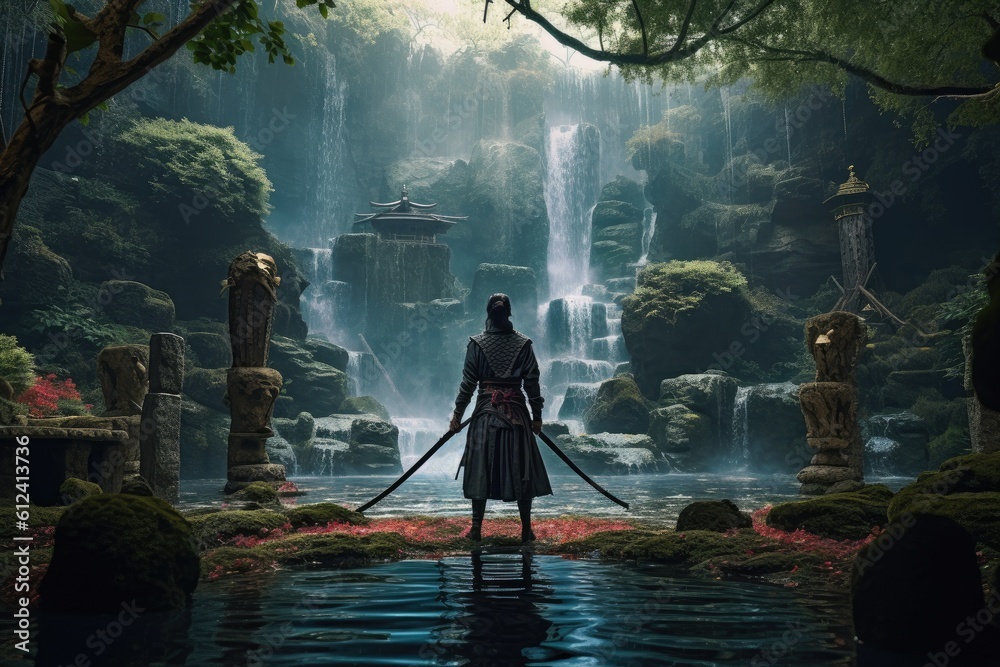 A samurai standing in waterfall garden with swords on the ground ...