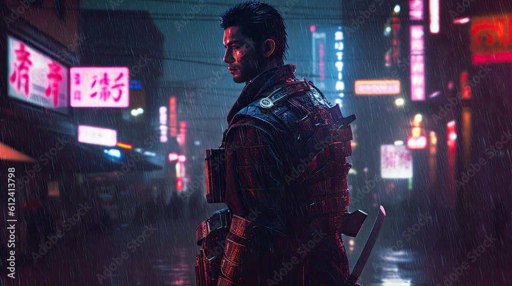 A futuristic dark samurai standing on a side of a building in cyberpunk ...