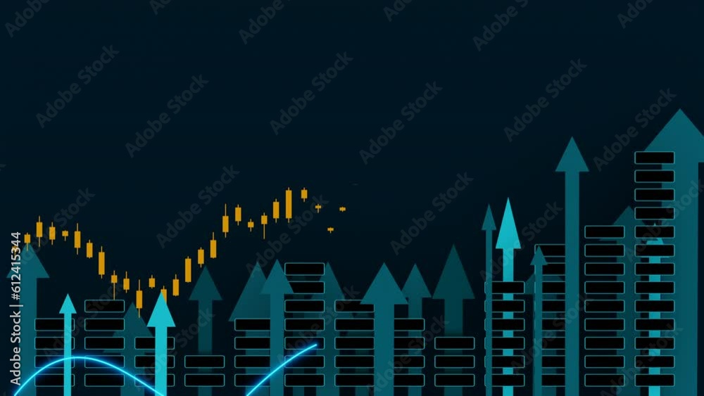 Bar graph and line moving up. Rising arrows. Positive bar chart in blue ...