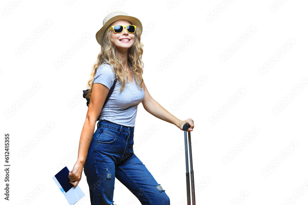 Cheerful blonde woman in sunglasses posing with baggage and holding ...