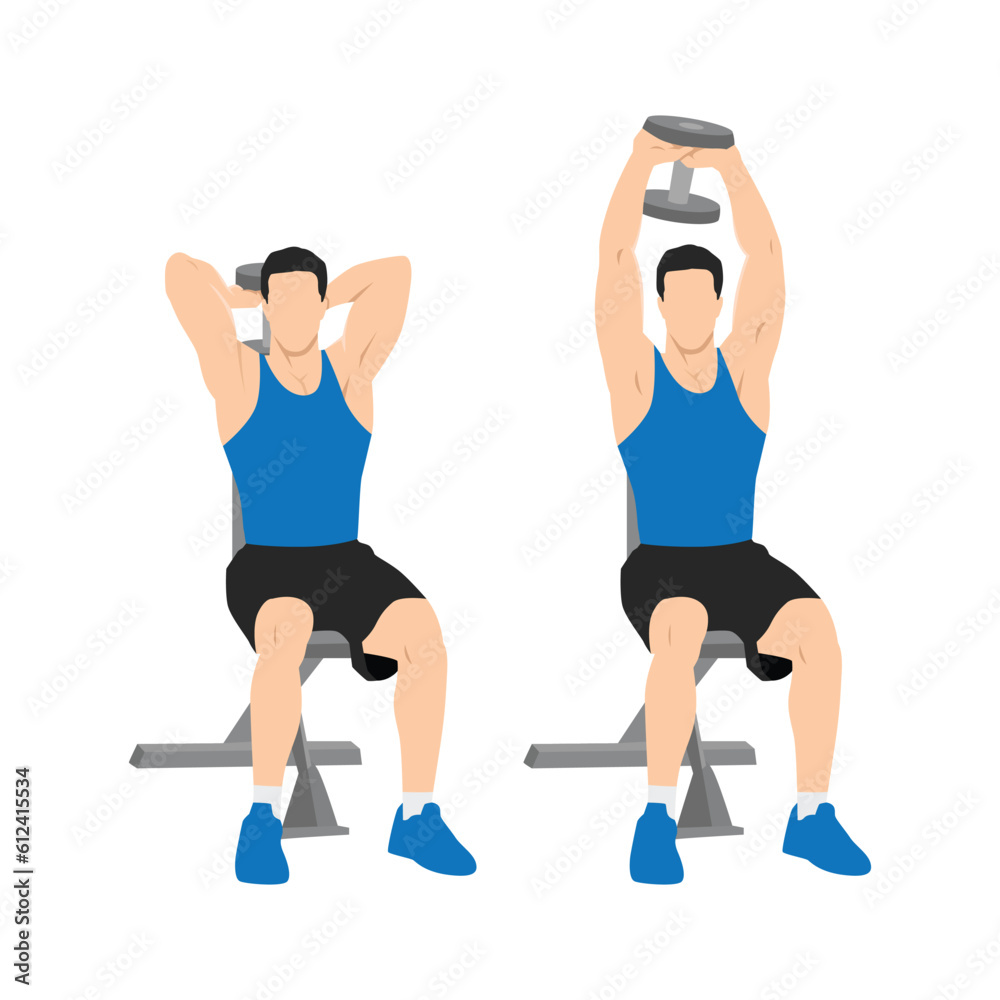 Man doing Seated tricep press. overhead extensions exercise. Flat ...