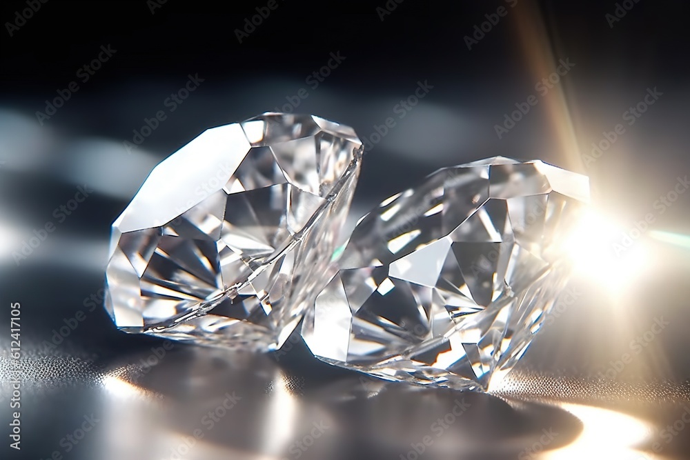 two diamond cut diamonds sitting on a table with the sun shining behind ...