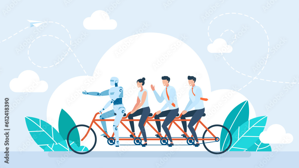 A business team rides a tandem bicycle. A robot is driving. Artificial ...