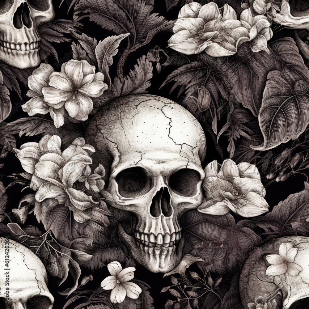 2d sketch black and white floral botanical flowers seamless background ...