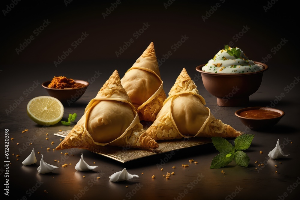 tasty and crispy vegetarian samosa with spicy sauce generative ai Stock ...