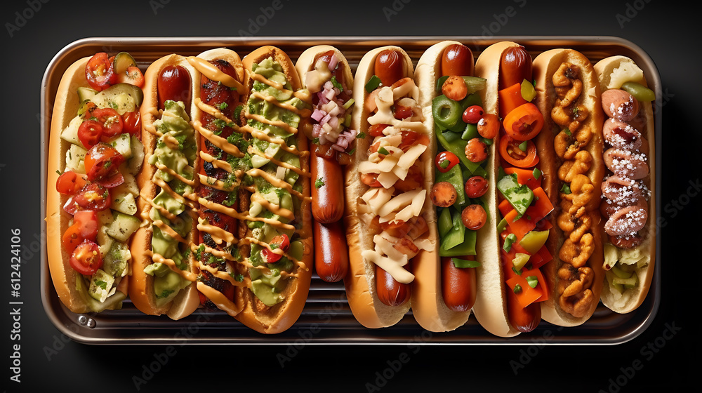 Hot dogs fully loaded with assorted toppings on a tray. Delicious hot ...
