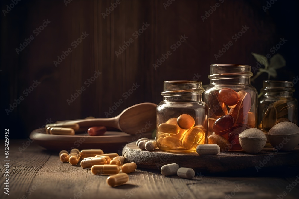 The image shows a shelf filled with various types of health supplements ...