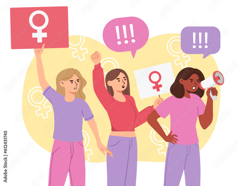Women at feminists protest concept. Young girls with placards of equal ...