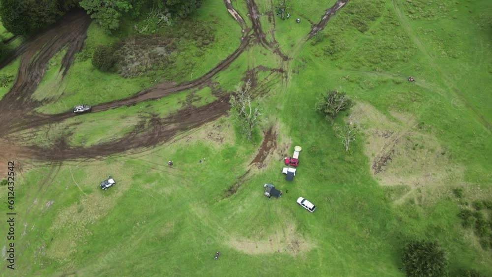 Top view aerial 4k Spring nature landscape road being used by 4x4 off ...