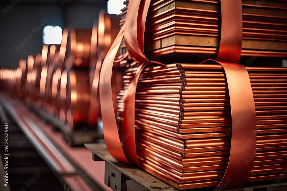 Stacks of cathode copper sheets tied with ribbons on rail carriages in ...