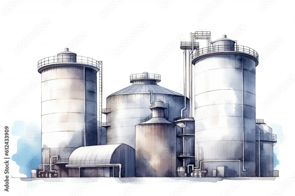Watercolor drawing paint of industry zone, refinery power plant energy ...