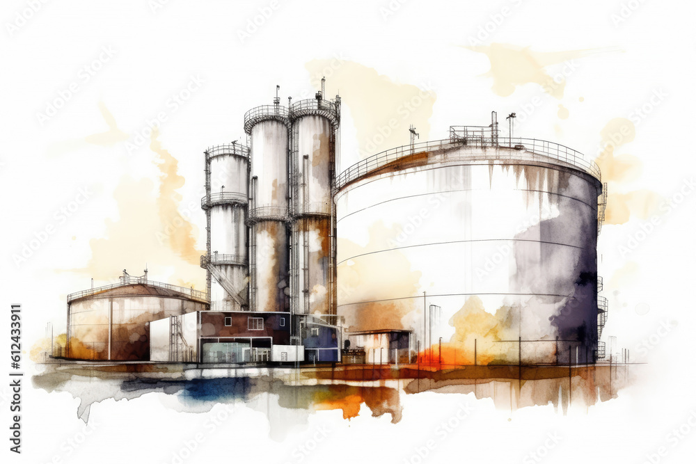 Watercolor drawing paint of industry zone, refinery power plant energy ...