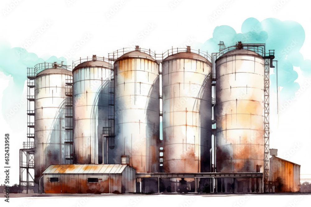 Watercolor drawing paint of industry zone, refinery power plant energy ...