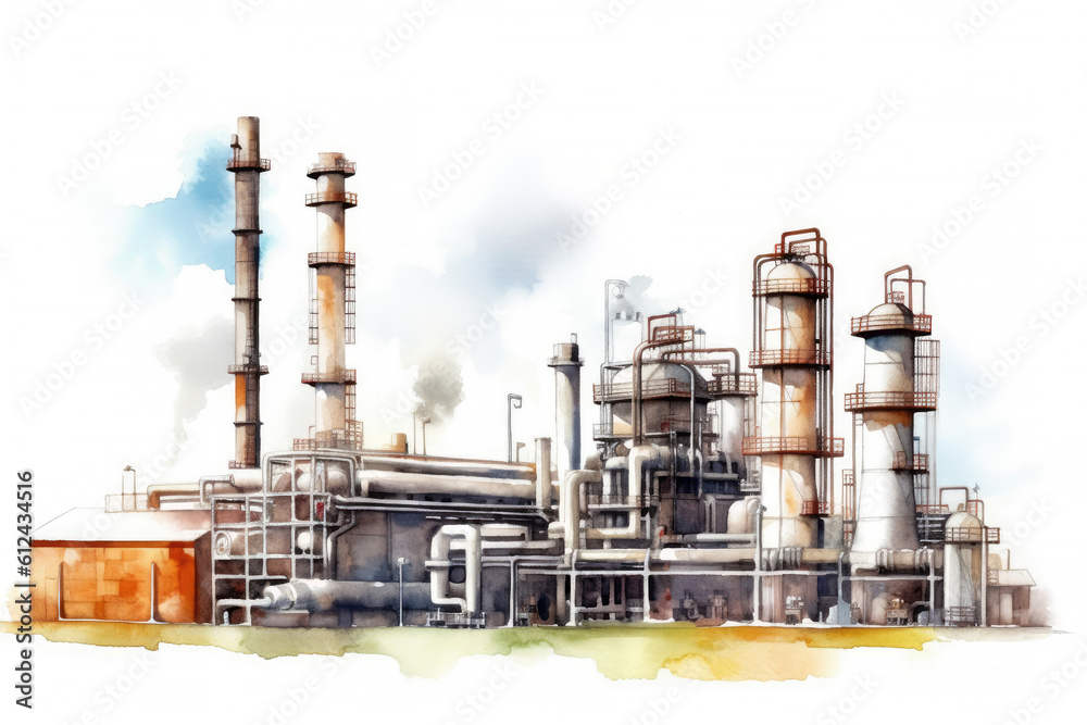 Watercolor drawing paint of industry zone, refinery power plant energy ...
