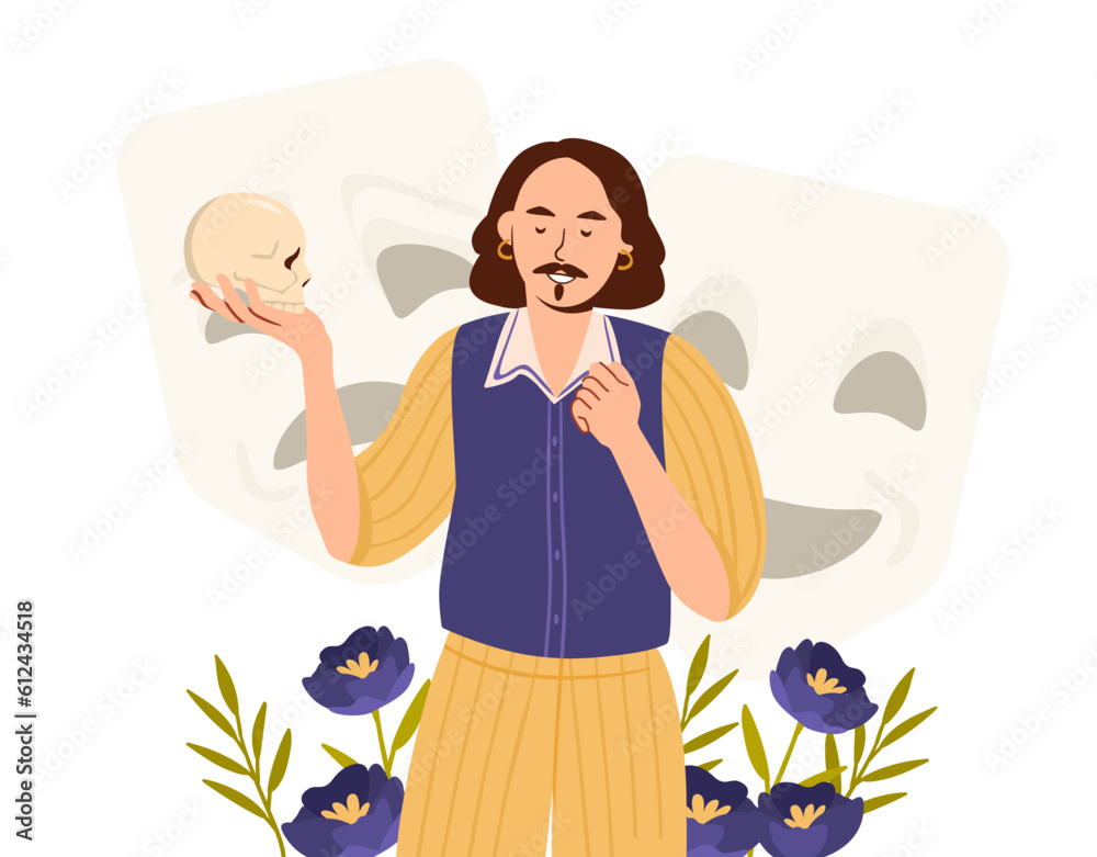 Hamlet talk to skull concept. Traditional English writer stands with ...