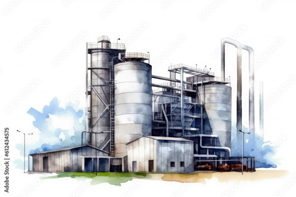 Watercolor drawing paint of industry zone, refinery power plant energy ...
