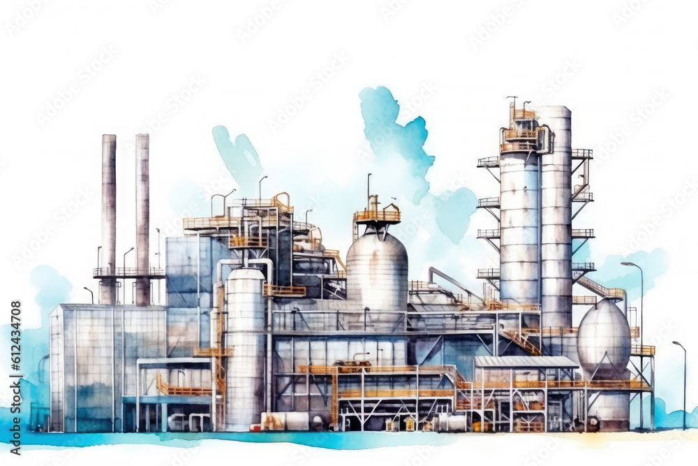 Watercolor drawing paint of industry zone, refinery power plant energy ...