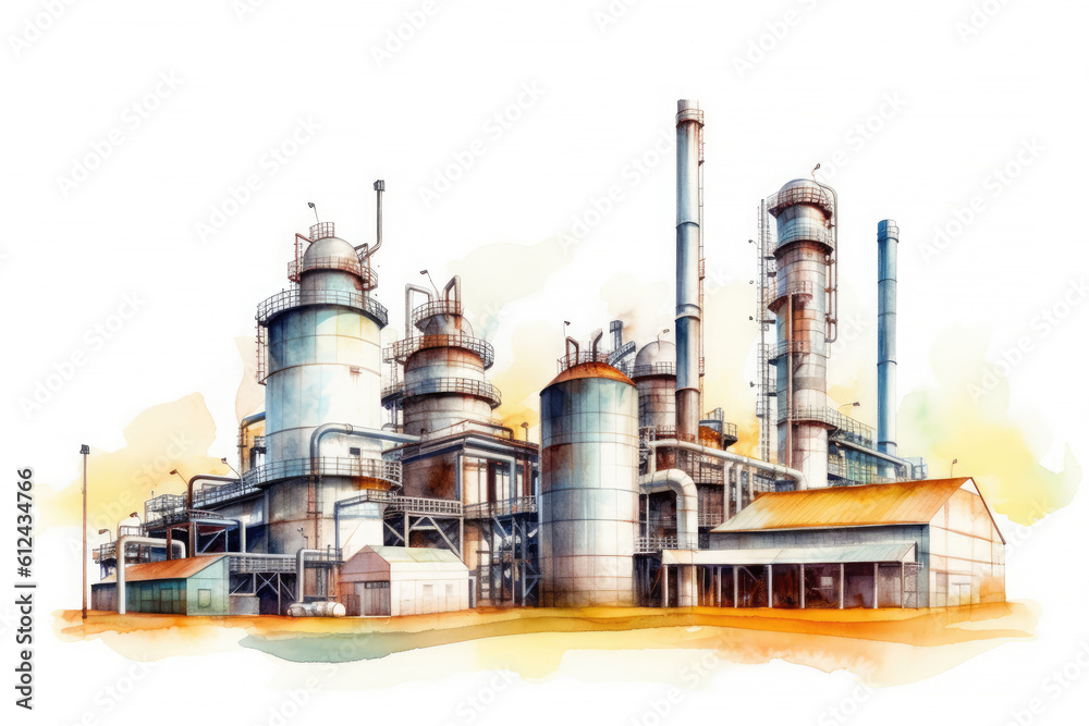 Watercolor drawing paint of industry zone, refinery power plant energy ...