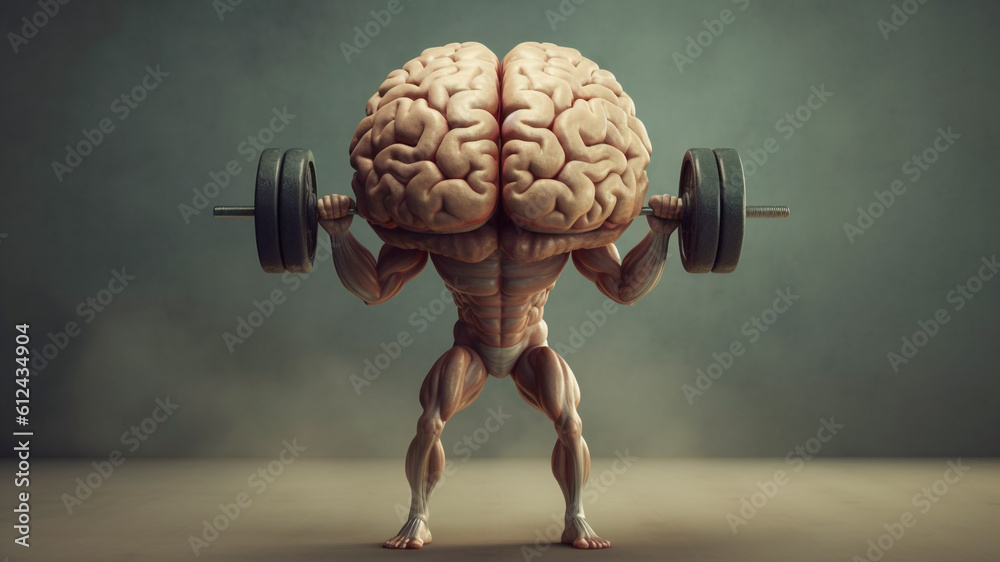 Strong human brain lifting heavy barbell. Brain activation concept ...