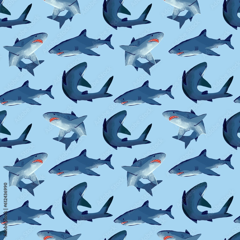 Swimming Sharks. Various positions. Hand drawn illustration. Square ...