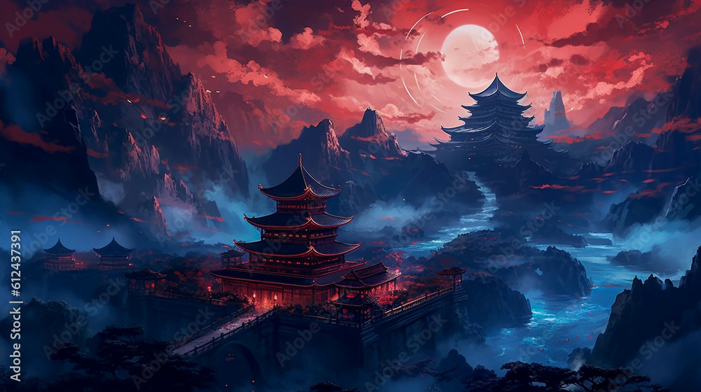 Enchanting Mountain Temple. Beautiful Chinese Temple Wallpaper in Dark ...