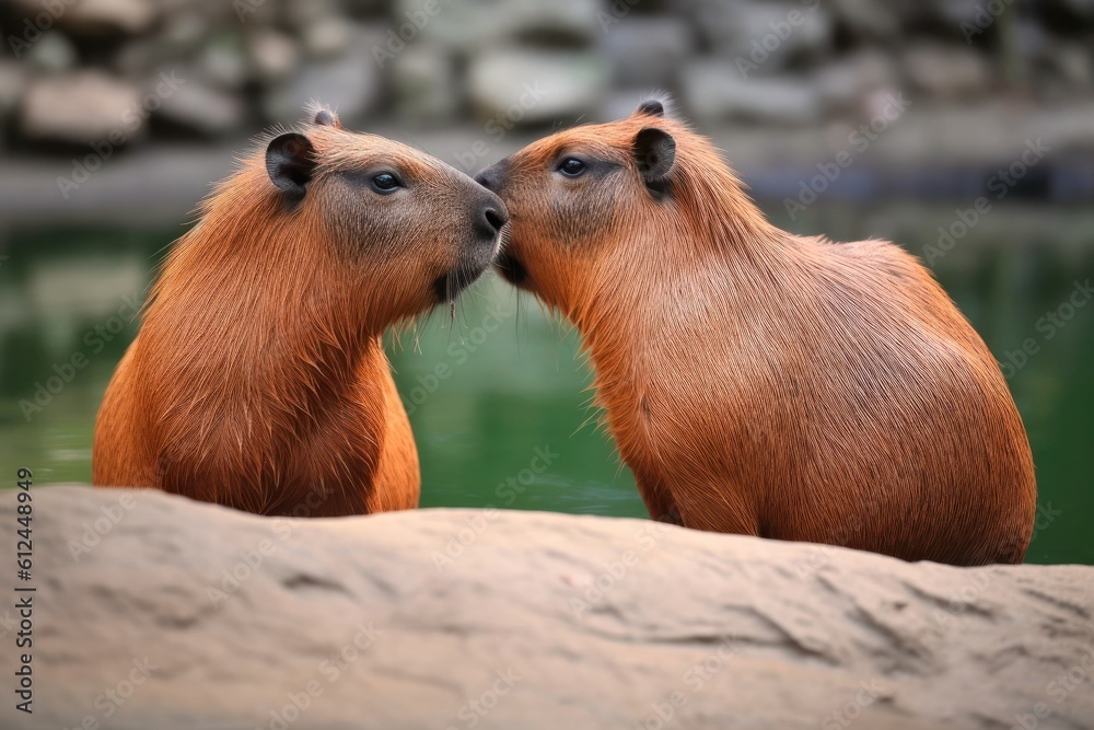 cute capybara couple snuggle up to each other with their noses on a ...