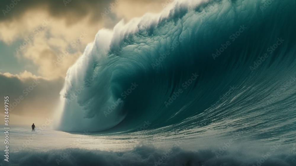 A man, a surfer in front of a giant wave. The concept of the power of ...