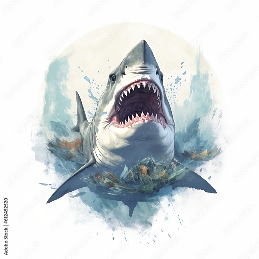 Great white shark in water on white background, megalodon logo ...