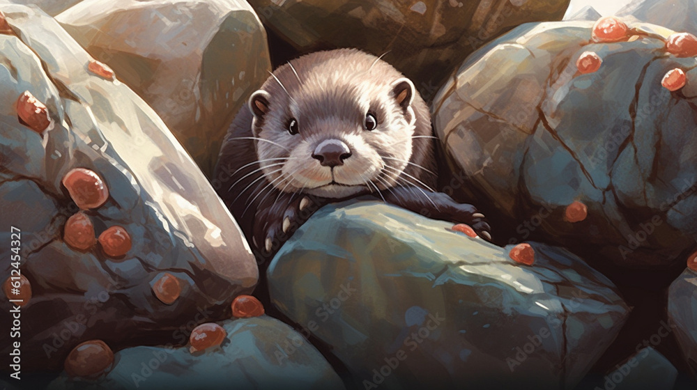 A delightful image of an otter poking its head out from a pile of rocks ...