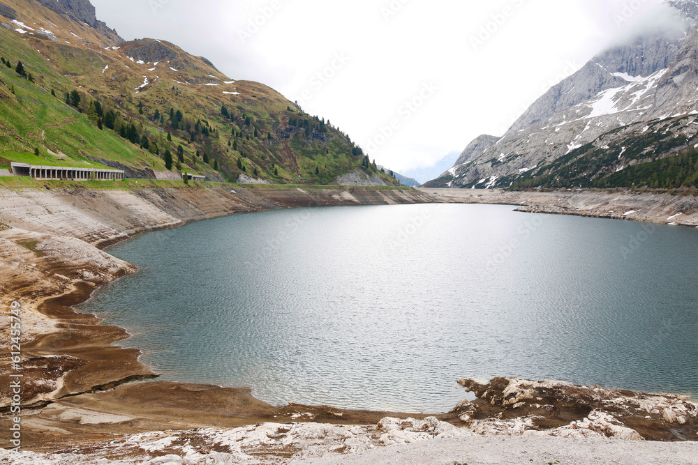 Fedaia dam lake under Marmolada mountain, Dolomites, Italy, Europe ...