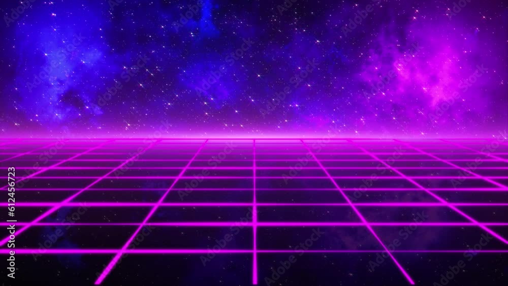 Retro grid cosmic background animation. 80's style neon animated grid ...