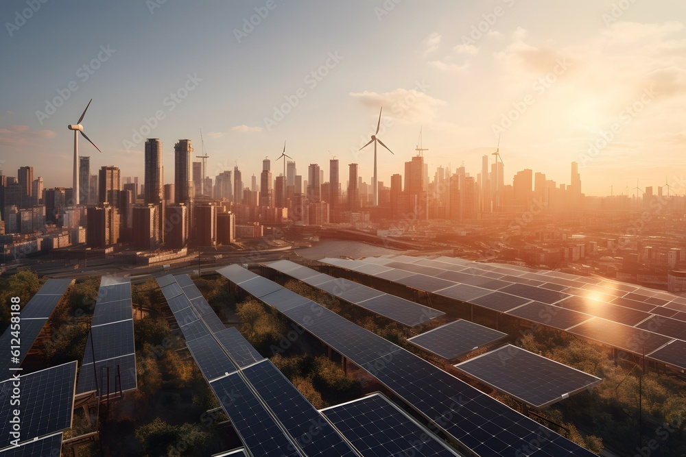 Renewable and eco-friendly energy sources featured on an urban skyline ...