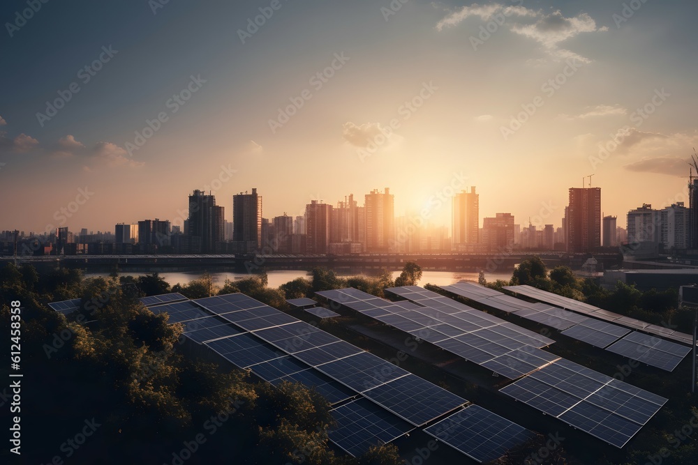 Renewable and eco-friendly energy sources featured on an urban skyline ...