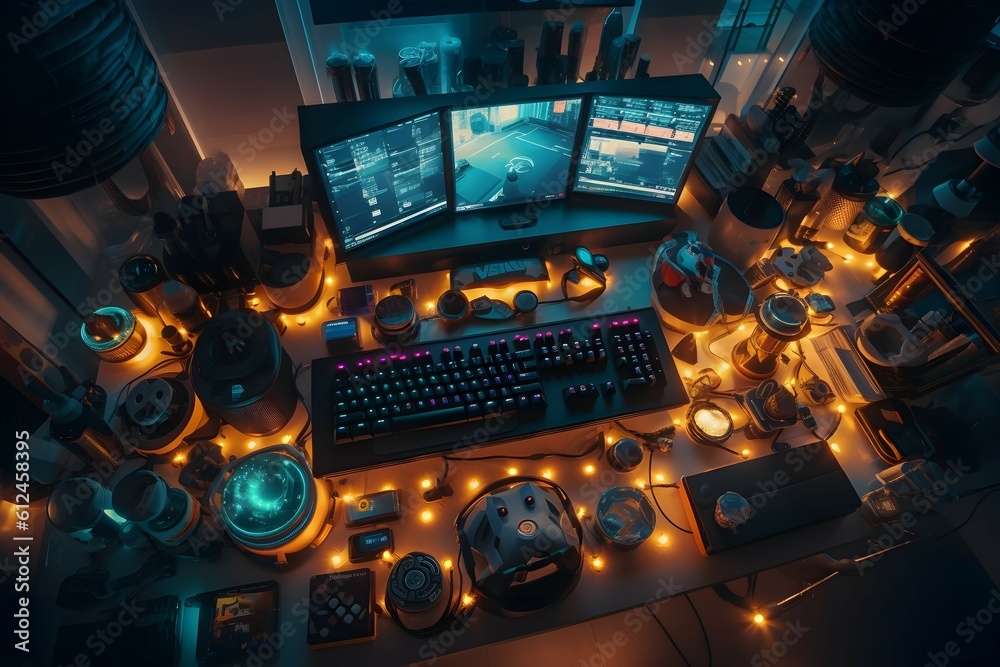 Foto Stock Bird s eye view of vibrant lit gaming equipment on table ...