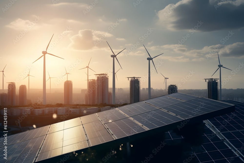 Renewable and eco-friendly energy sources featured on an urban skyline ...