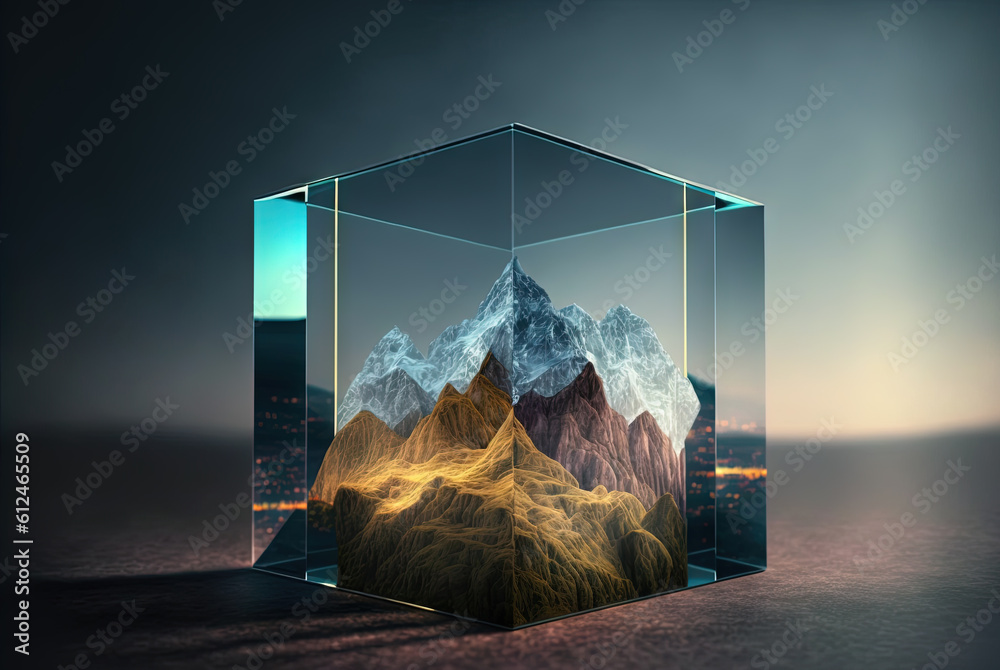 Mysterious glass cube on the natural landscape. Shiny mystic geometric ...
