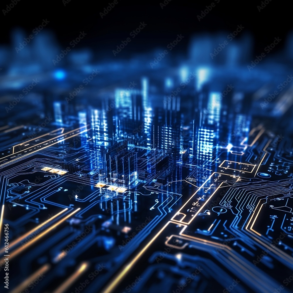 circuit board background computer circuit board and blue light trails ...