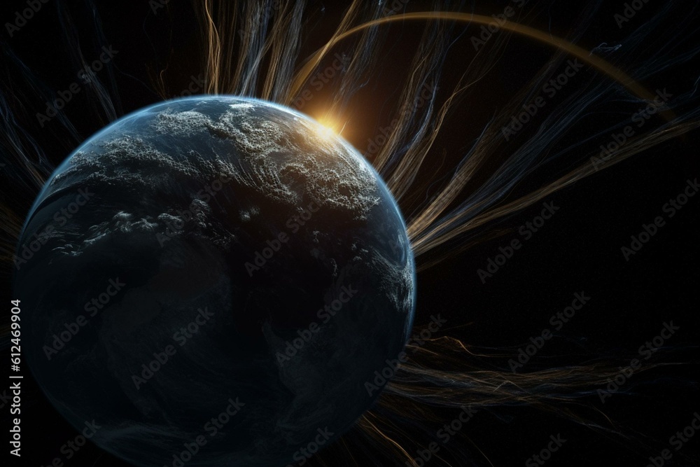 Magnetic field around Earth deflects solar wind & radiation, as shown ...