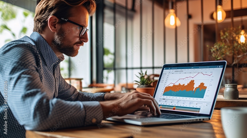 Data analysis to increase sales and revenue. Man sitting with laptop ...