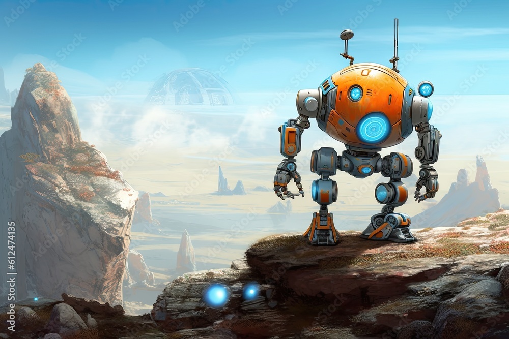 Robotic explorer on a futuristic landscape, engaging with its ...