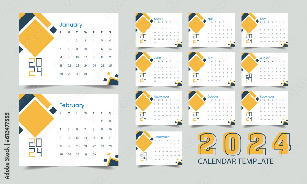 2024 calendar. Cover, set of 12 months pages and page with 2024 ...