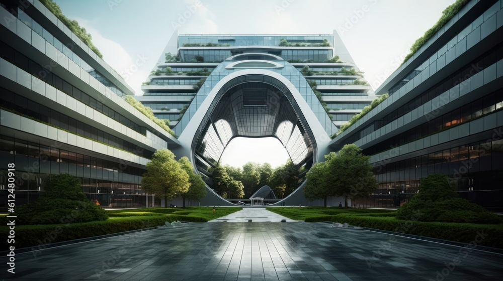 Depict the imposing headquarters of a powerful mega corporation ...