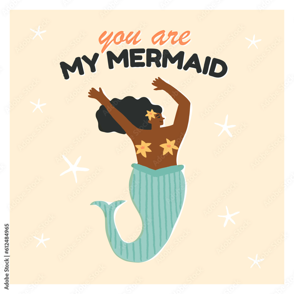 Cute young African mermaid with sea lilies dancing, teenage siren girl ...